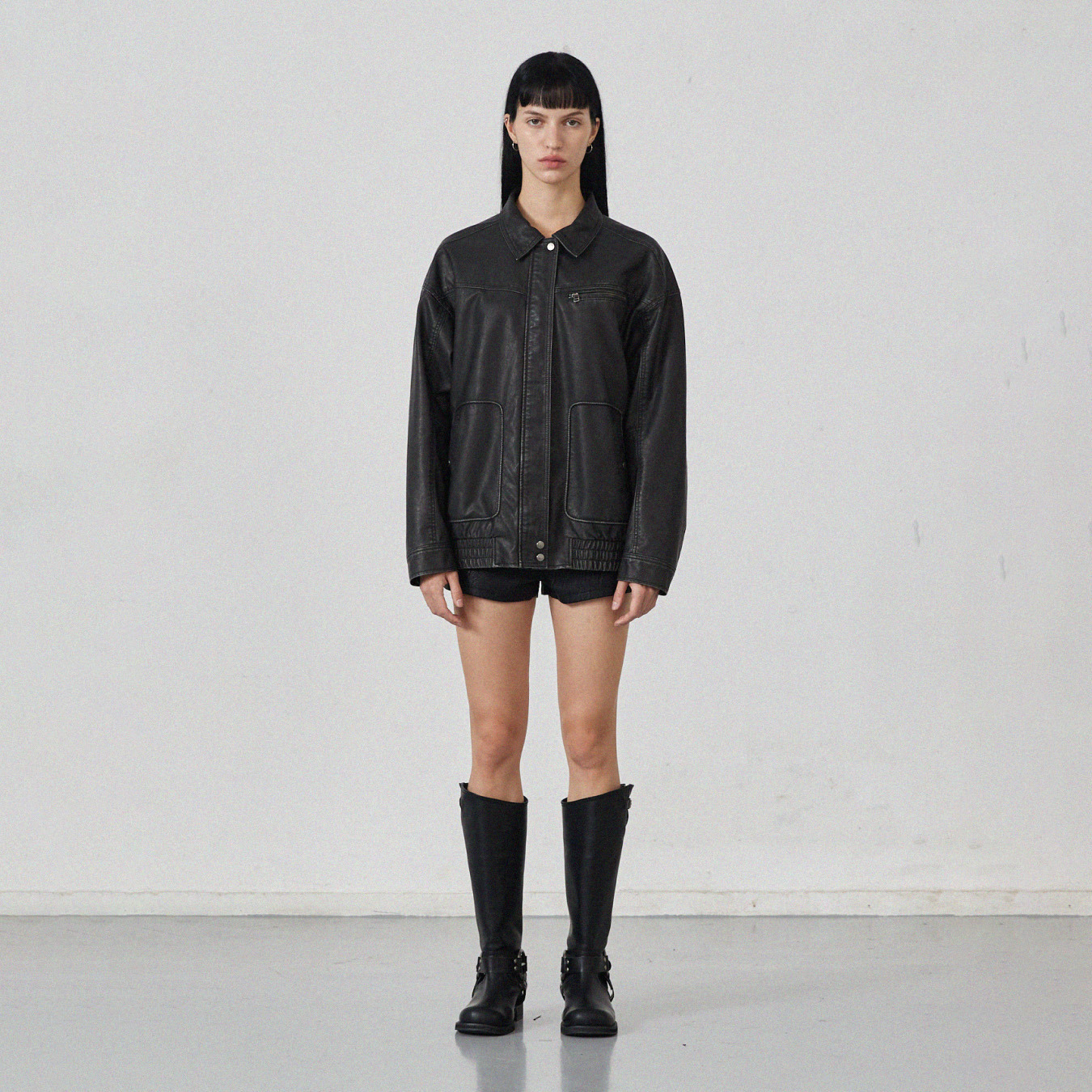 BLACK DISTRESSED LEATHER JACKET_OVERFIT - 하고(HAGO)