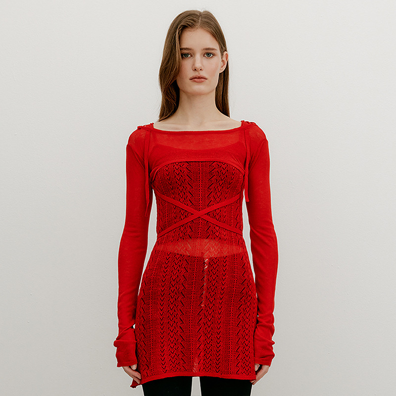 [25%쿠폰]SHEER STRAP POINT BOLERO KNIT TOP - RED - 하고(HAGO)