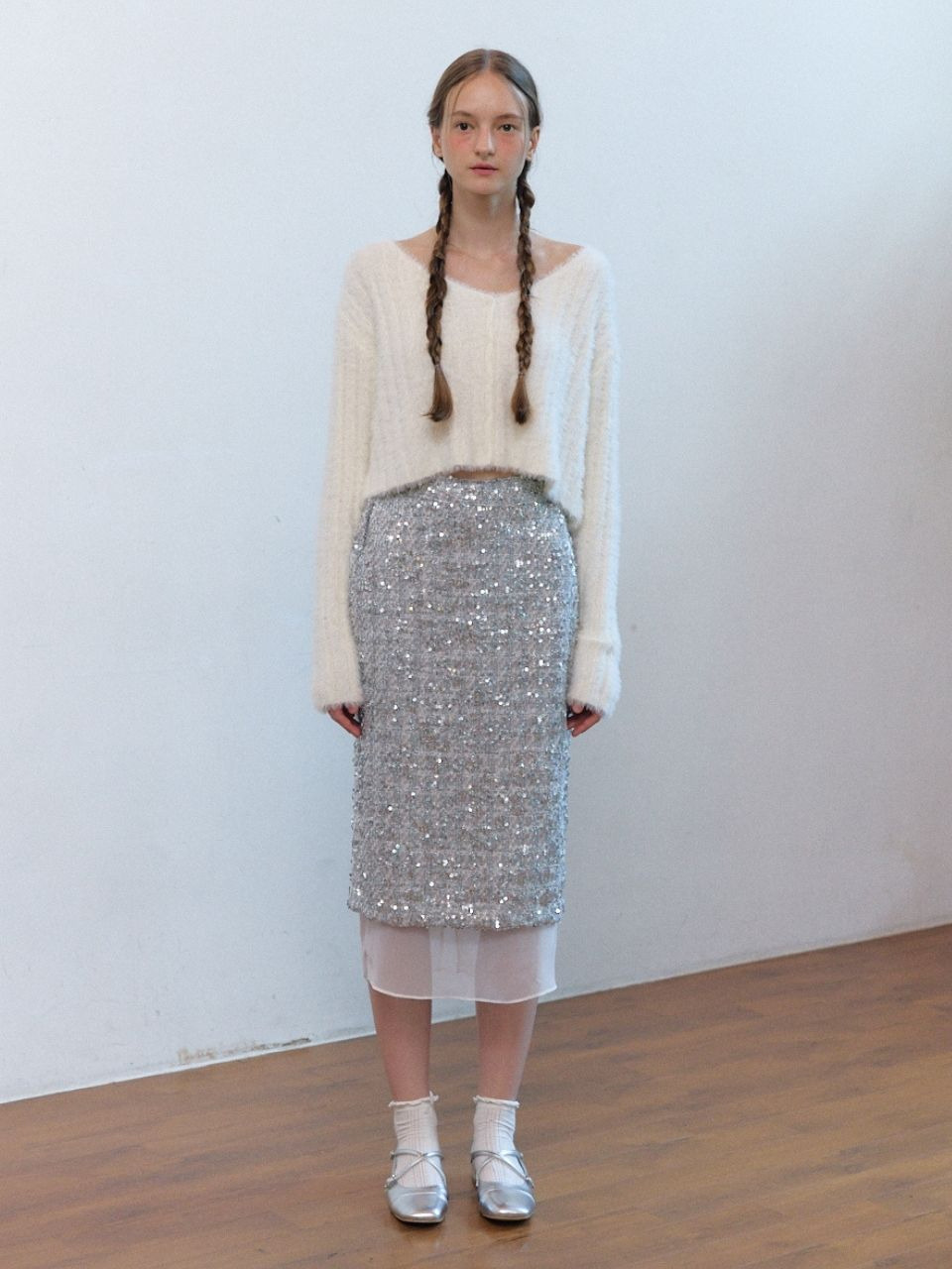 wool tweed spangle skirt_silver - HAGO(하고)