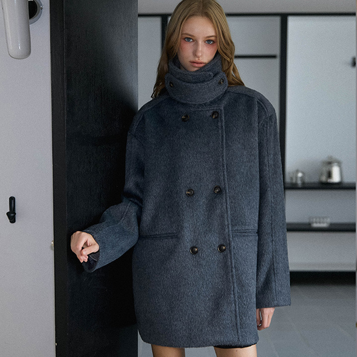 High Neck Half Coat [Charcoal] - 하고(HAGO)