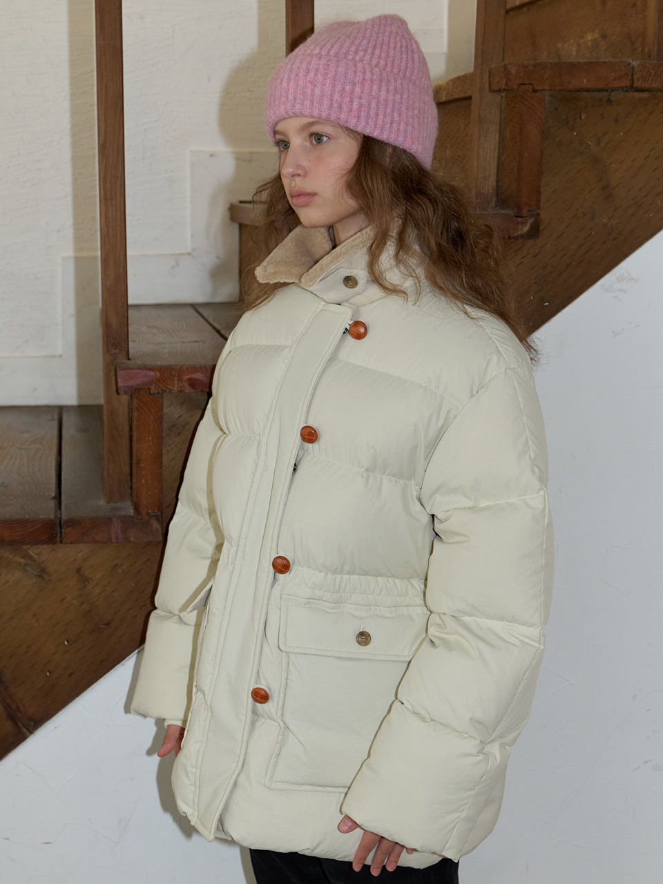 A FUR COLLAR DUCK DOWN HALF PADDING IVORY - HAGO(하고)