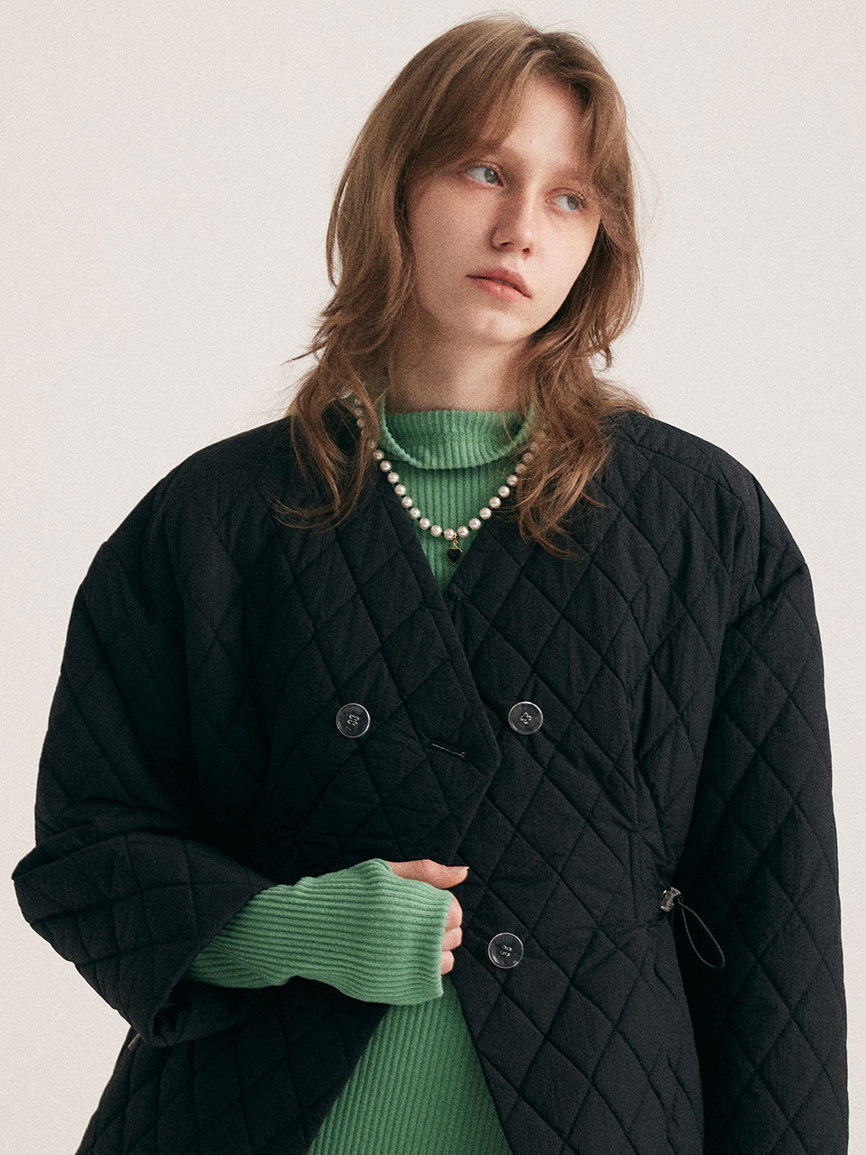 브이넥 더블버튼 패딩 자켓 V-NECK DOUBLE BUTTON PADDED JACKET_BLACK - 하고(hago) - 하고