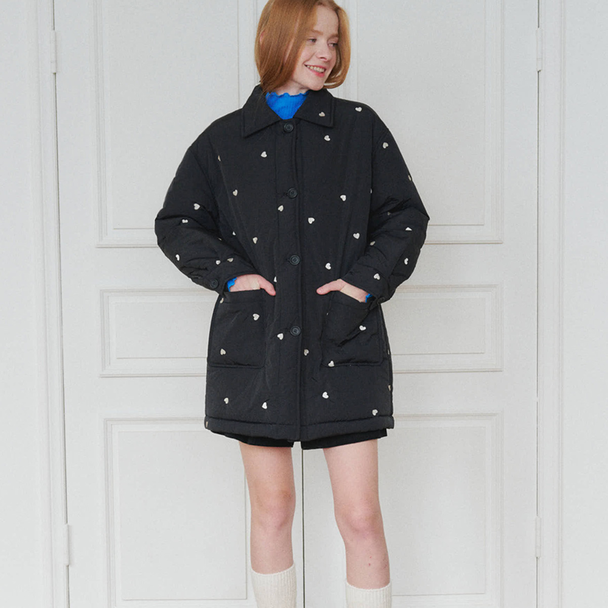 Heart-patterned Padding Half Coat_Black - 하고(HAGO)
