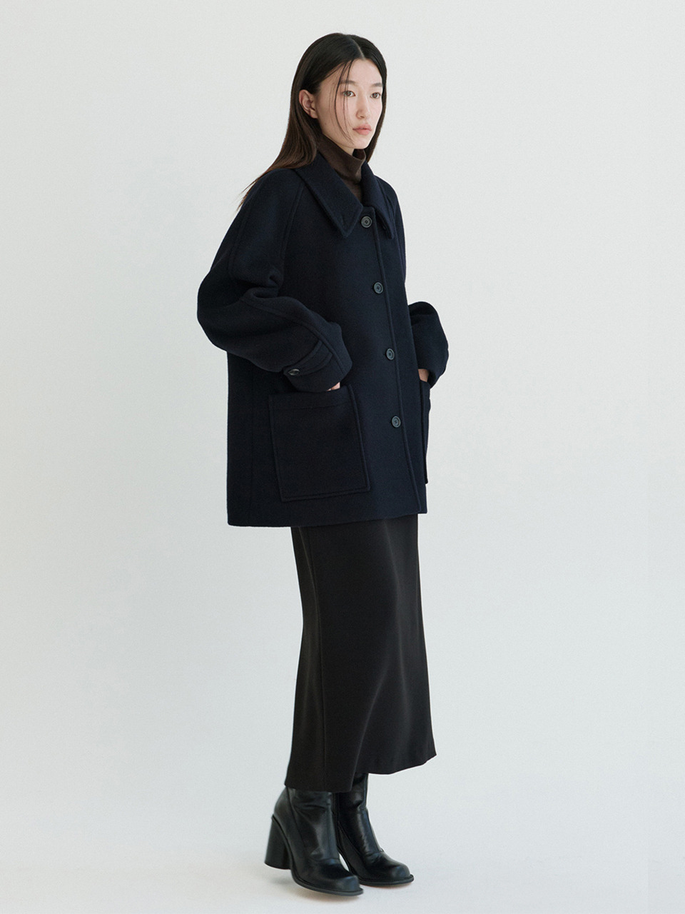 Wool Raglan Half Coat-Navy - 하고(HAGO)