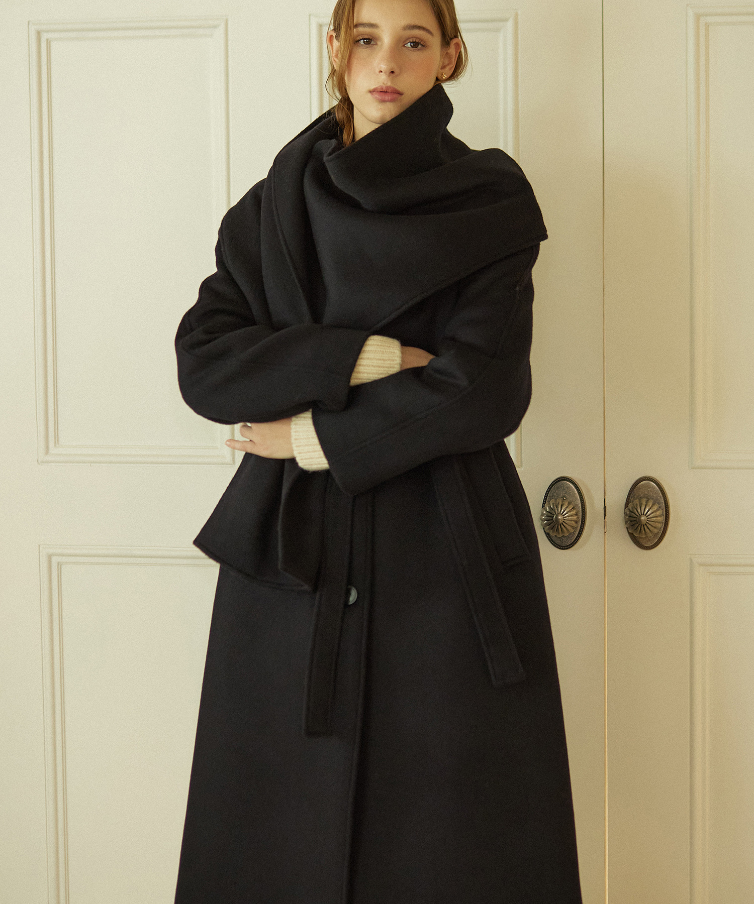 Muffler Belted Wool Long Coat - Navy - 하고(HAGO)