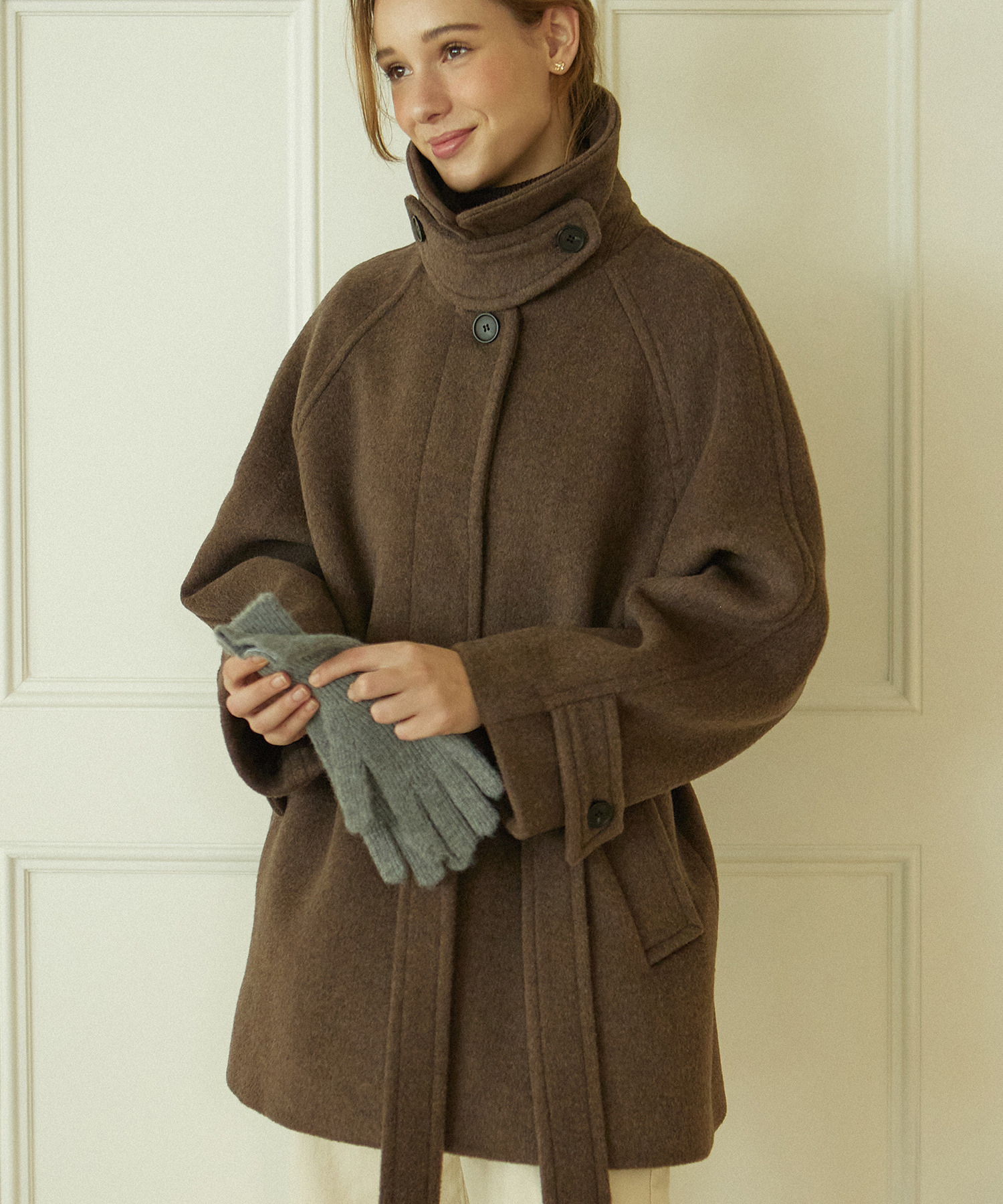 Raglan Belted Wool Half Coat - Brown - 하고(HAGO)