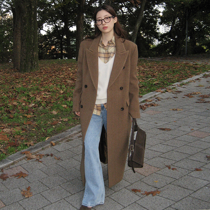 OVERFIT MAXI DOUBLE COAT(HERRINGBONE) - DEEP CAMEL - 하고(HAGO)