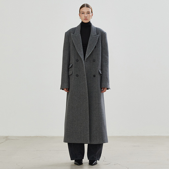 OVERFIT MAXI DOUBLE COAT(HERRINGBONE) - GRAY - 하고(HAGO)