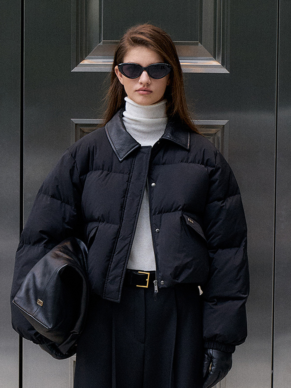 Snap Duck Down Leather Collar short Padding - HAGO(하고)