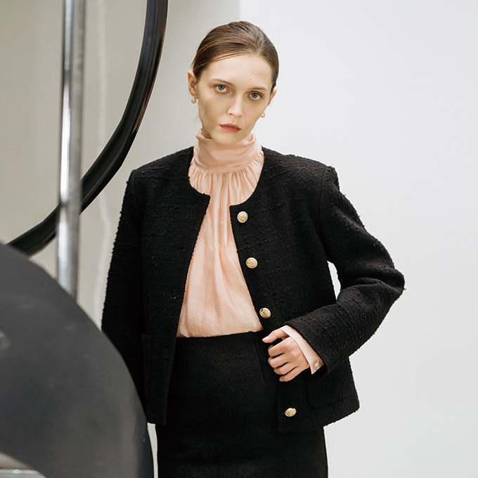 Classic boucle tweed wool jacket - black - 하고(HAGO)
