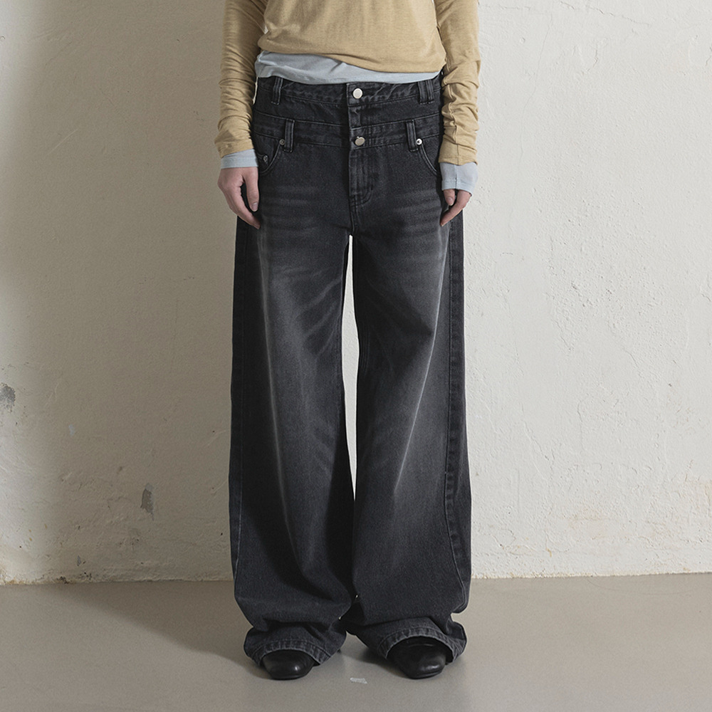 DOUBLE WAIST DENIM PANTS - BLACK - HAGO(하고)