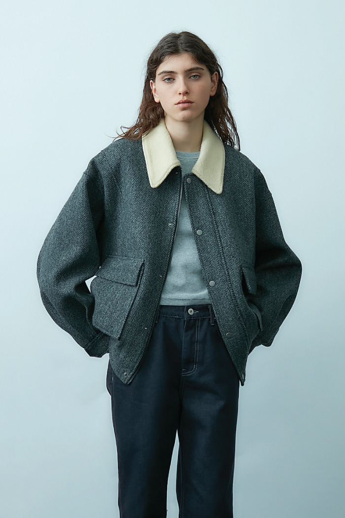 Wool Work Jacket (Herringbone) - Charcoal - 하고(HAGO)