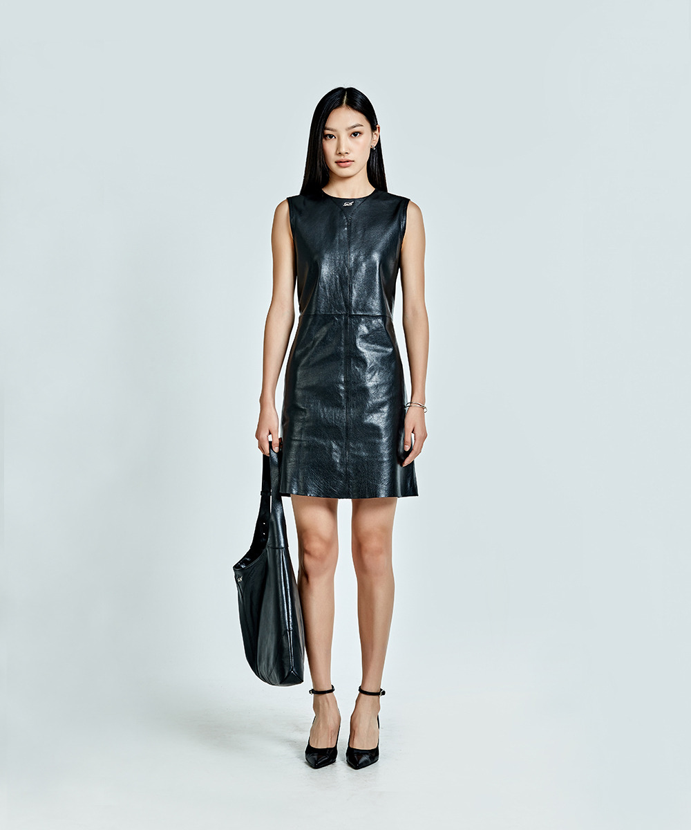 Metal Logo Leather Mini Dress - Black (woman) - 하고(HAGO)