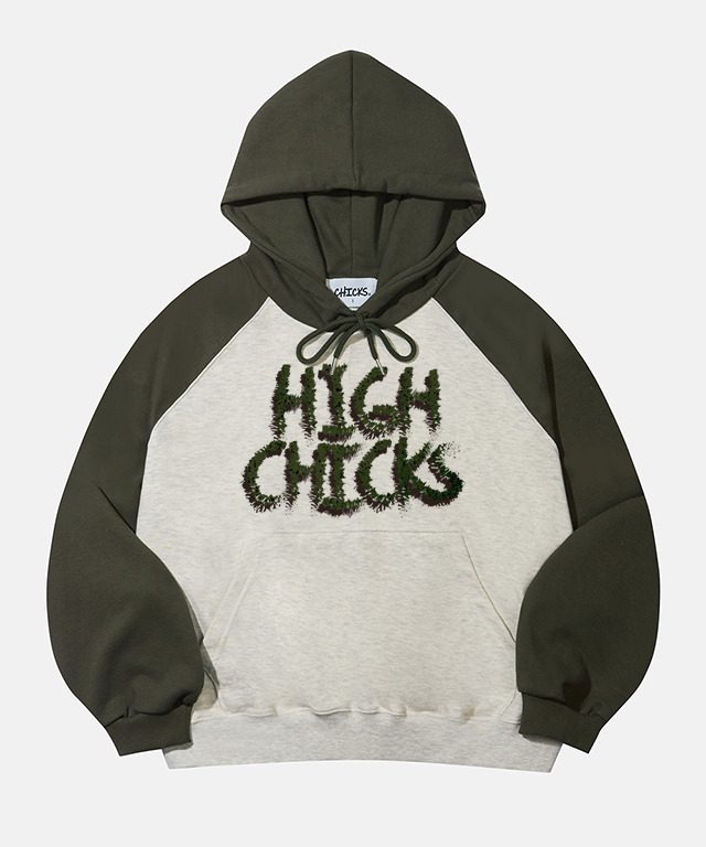 HIGH CHICKS 긴팔 배색후드티 티셔츠 카키 기모 추가 3color - HAGO(하고)