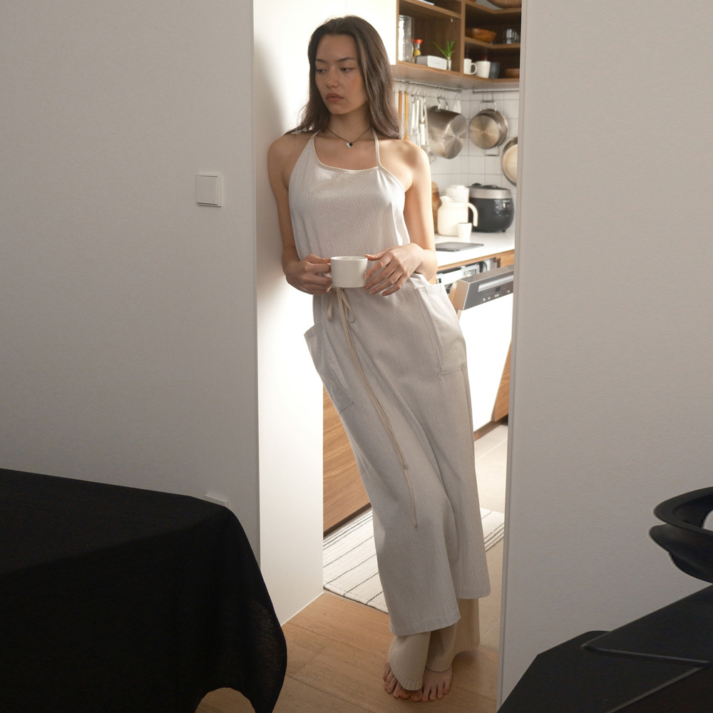 UNBALANCED MAXI APRON (NATURAL IVORY + STRIPE) - 하고(HAGO)