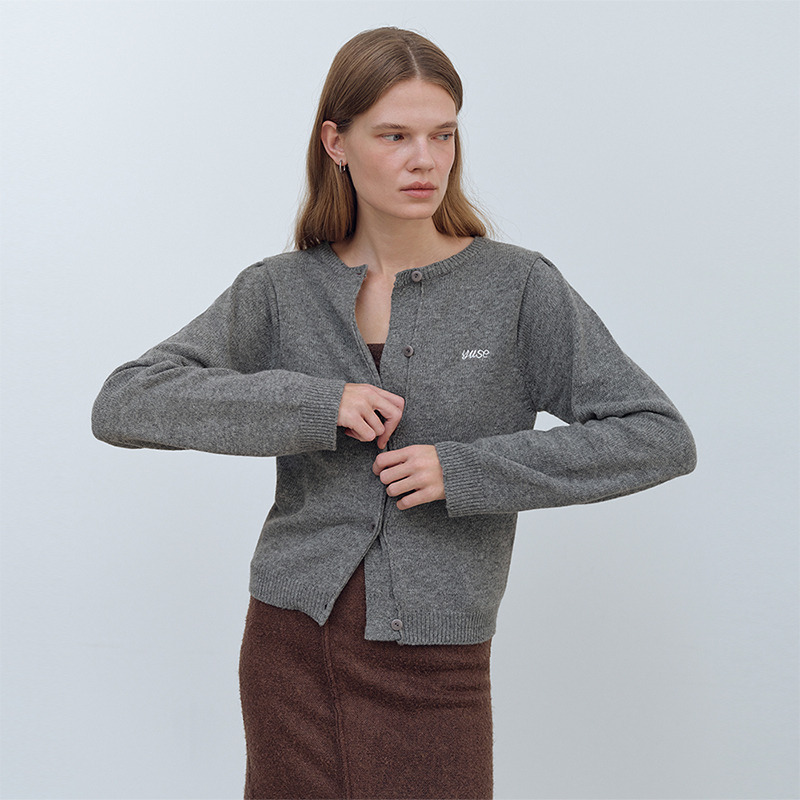 YUSE LOGO LAMSWOOL BASIC KNIT CARDIGAN - GRAY - HAGO(하고)