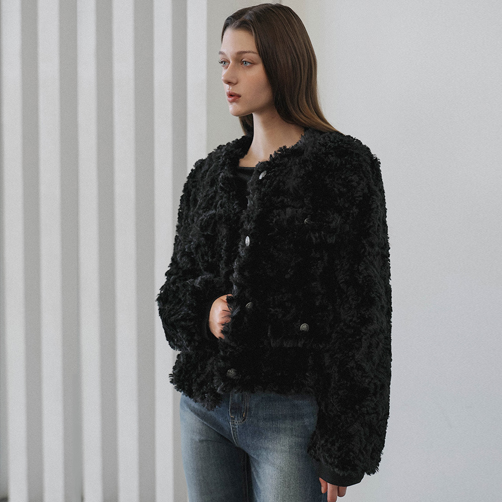 Round Fur Tweed Jacket [Black] - 하고(HAGO)