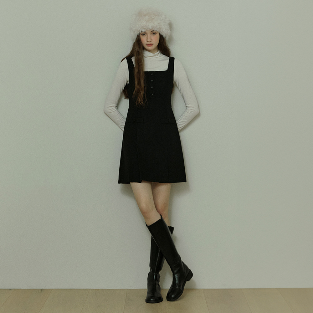 Square line button mini dress - black - 하고(HAGO)