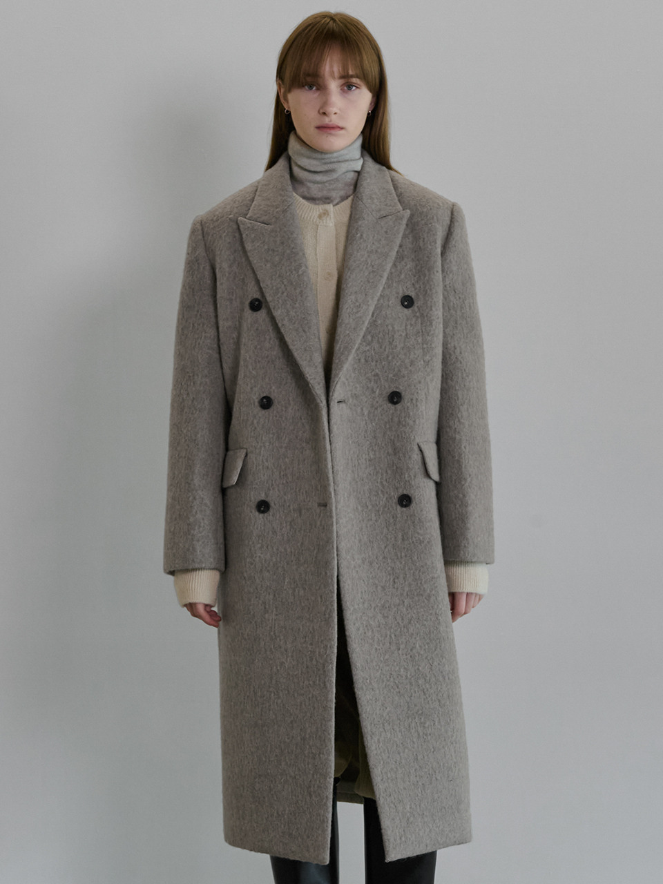 Hairy wool double long coat - Warm Gray - 하고(HAGO)
