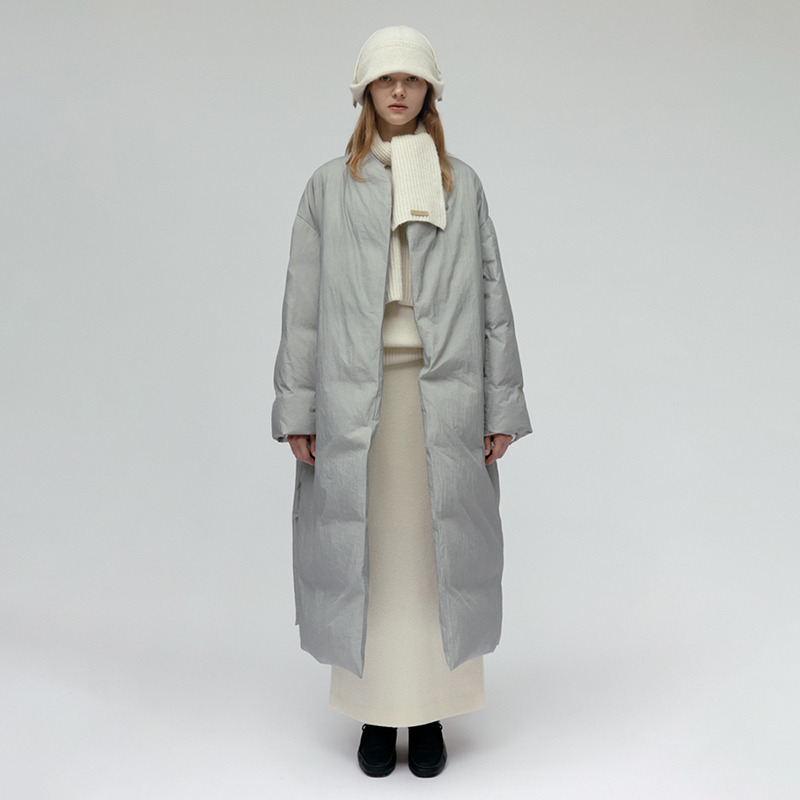 GOOSE DOWN COLLARLESS BELTED LONG COAT - GREY - 하고(HAGO)