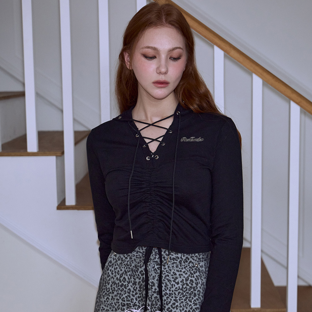 Eyelet Shirring Long Sleeve [Black] - 하고(HAGO)