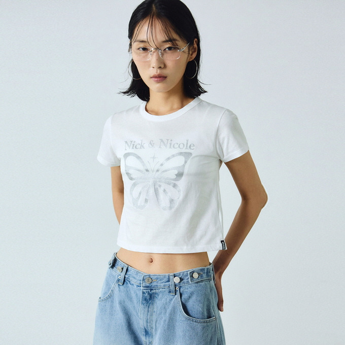 NICOLE SHINE BUTTERFLY CROP TOP_WHITE SILVER - HAGO(하고)