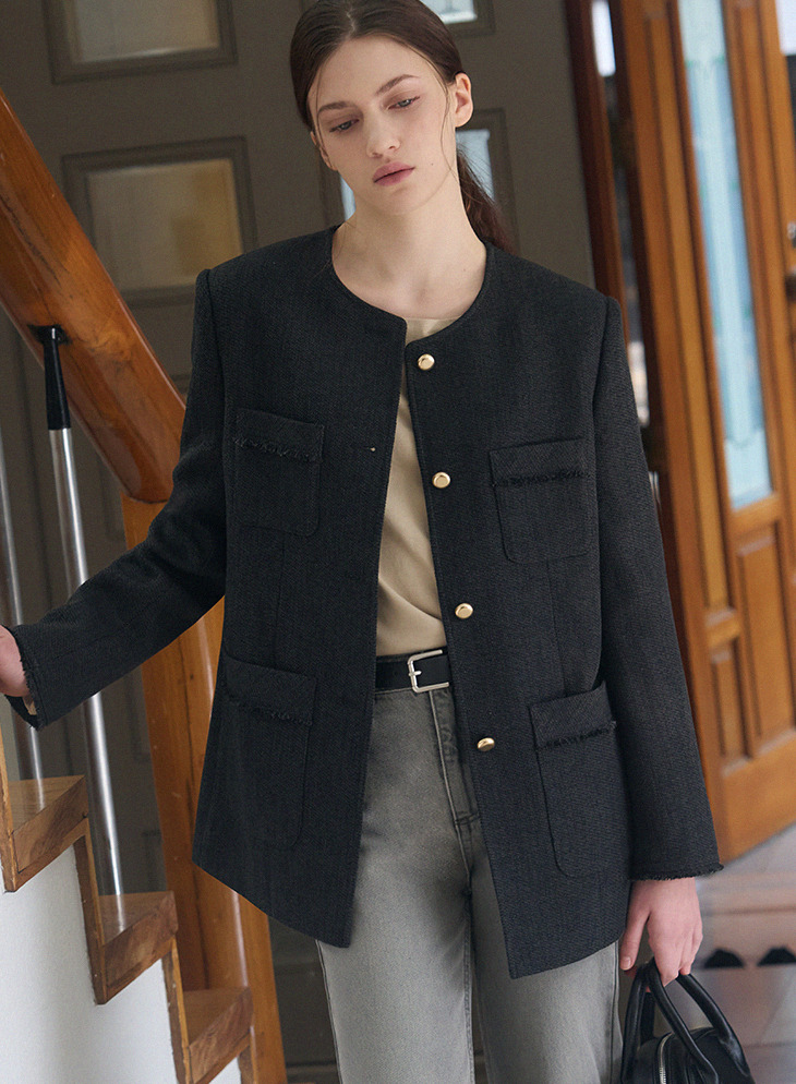 프린지 라운드 롱 트위드 자켓 [2COLORS] - HAGO(하고)