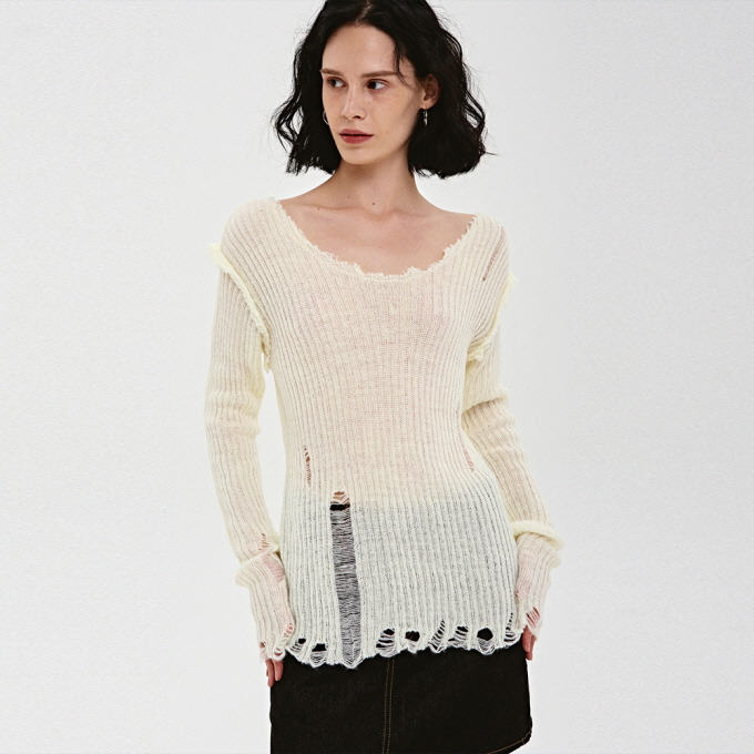 DAMAGE RIBBED QUALITY KNIT_CREAM - 하고(HAGO)