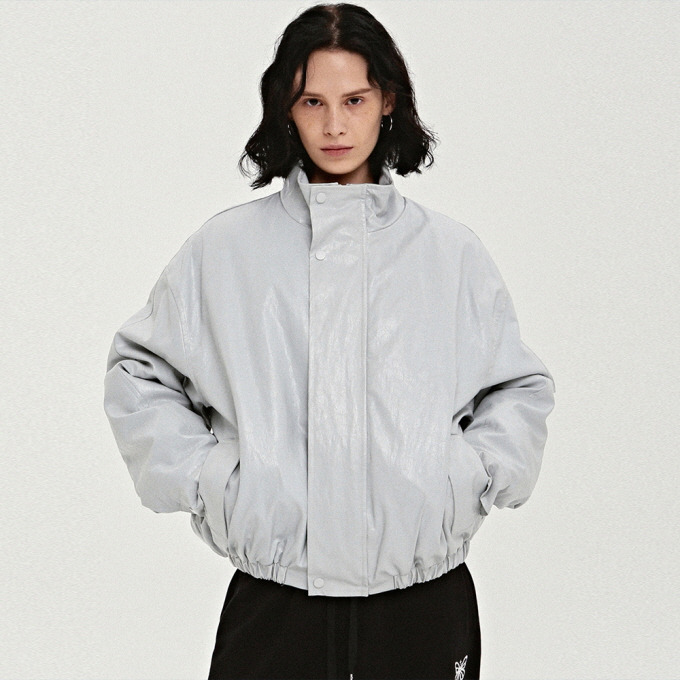 NICOLE LEATHER LOGO PADDING JUMPER_GRAY - HAGO(하고)