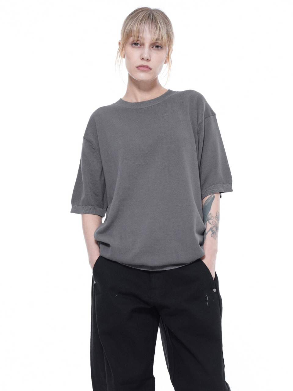 Linen Basic Round Half Knit (Charcoal) - HAGO(하고)