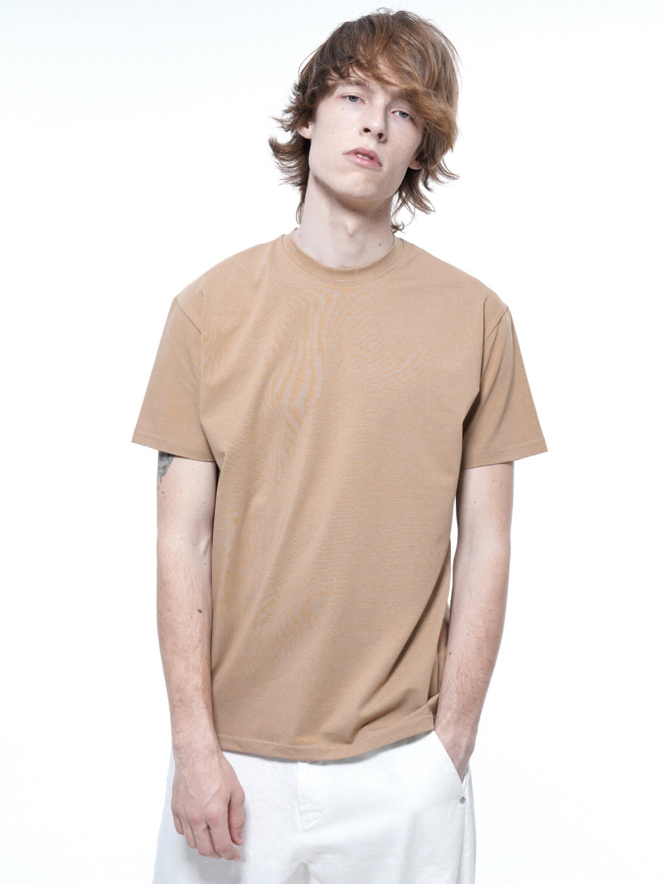 Tension Spandex Half Tee - Beige - 하고(HAGO)