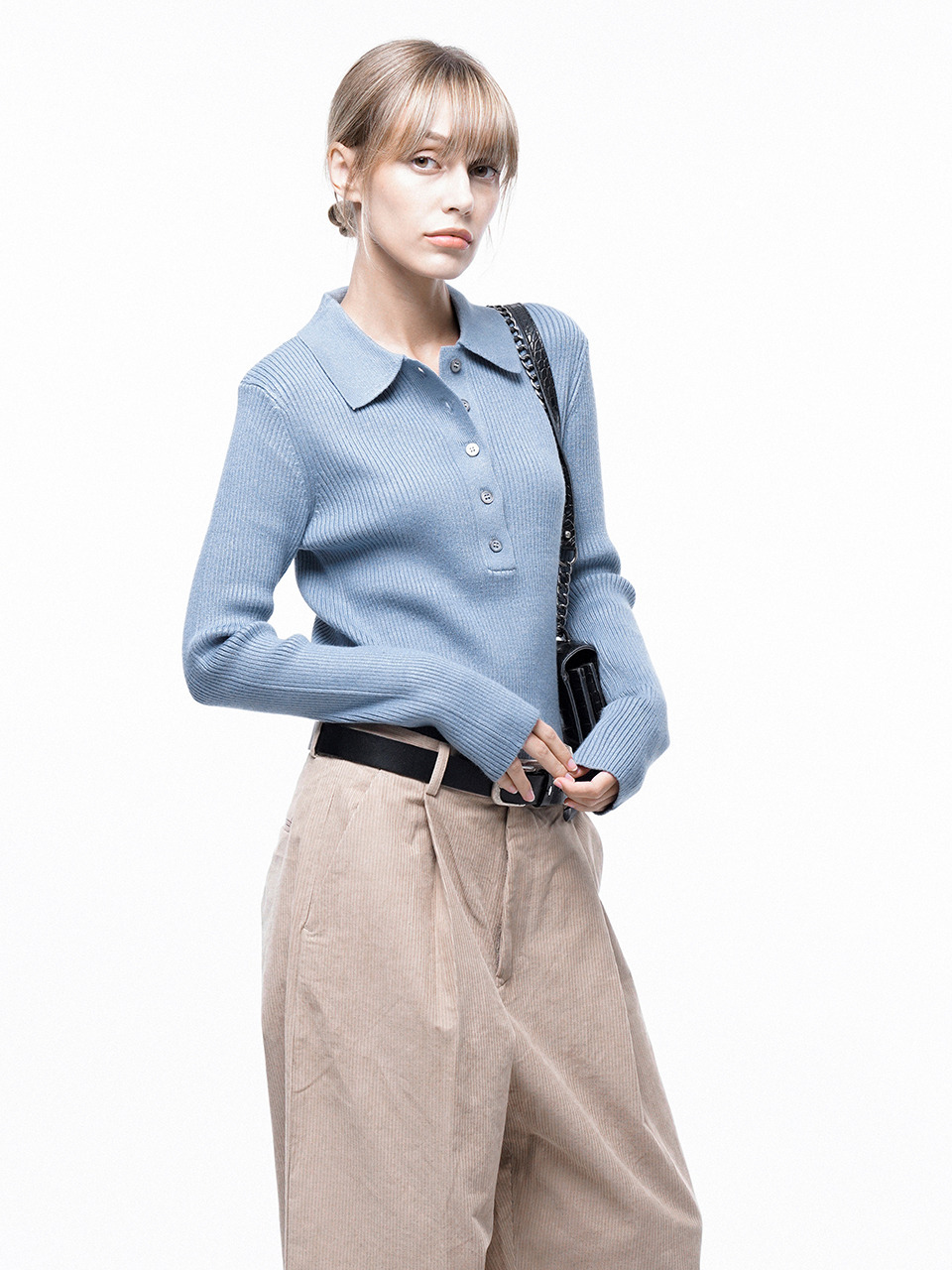 Soft Slim Button Collar Knit (Sky) - HAGO(하고)