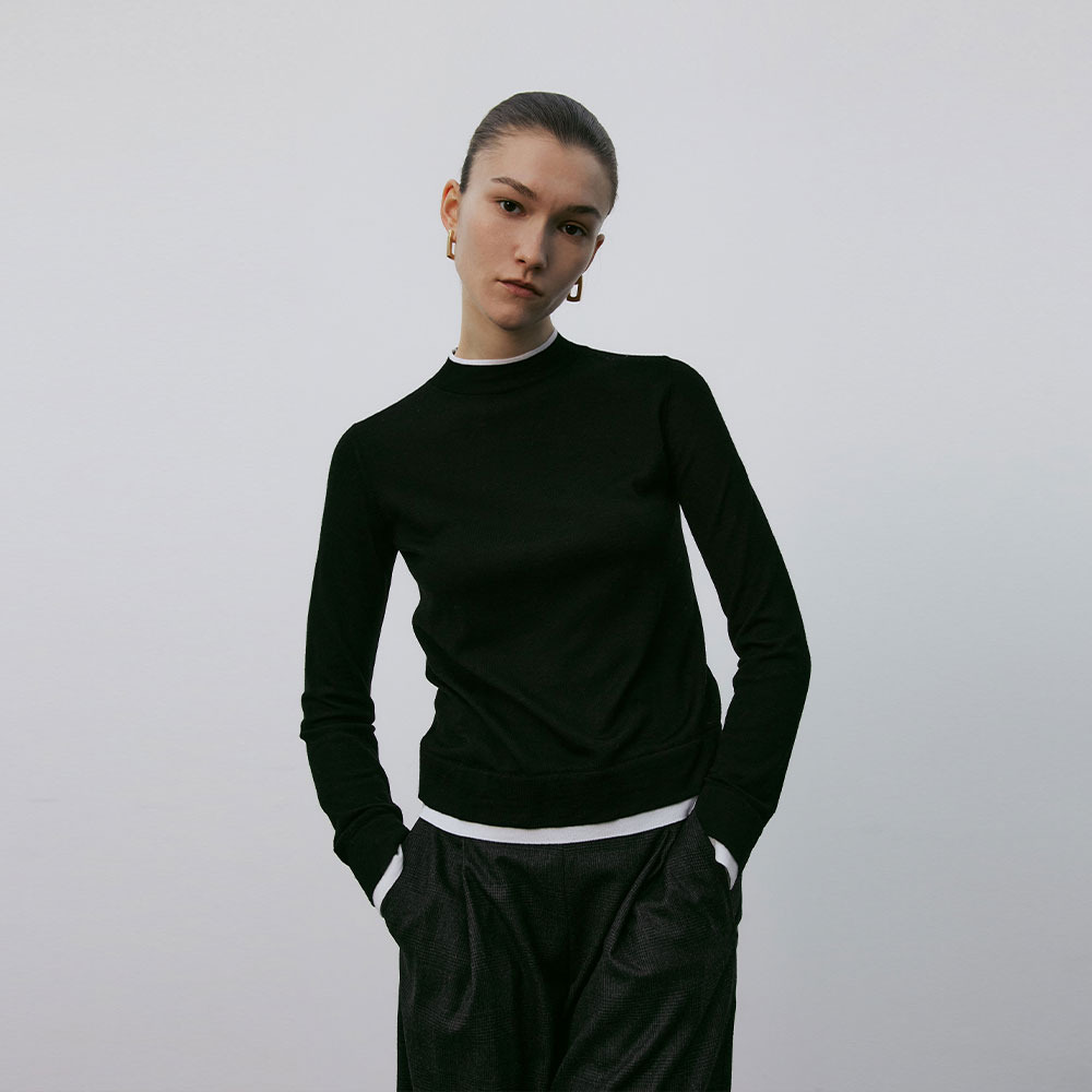Layered Long Sleeve Knit Top Black - 하고(HAGO)