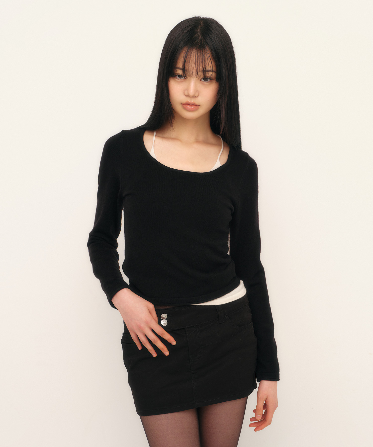 C U-NECK LAYERED KNIT TOP_BLACK - HAGO(하고)