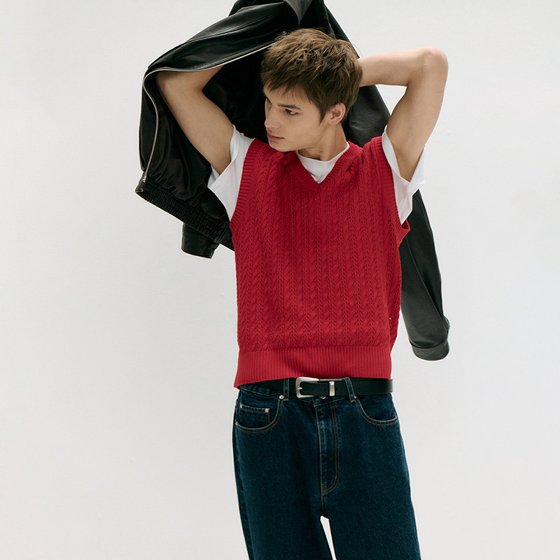 UNISEX CROCHET KNIT VEST RED_M_UDSW5A101R2 - HAGO(하고)