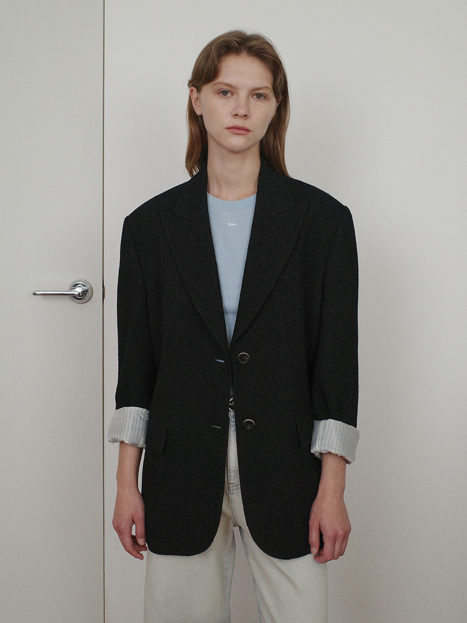 STRIPE TWEED SINGLE JACKET - BLACK - 하고(HAGO)