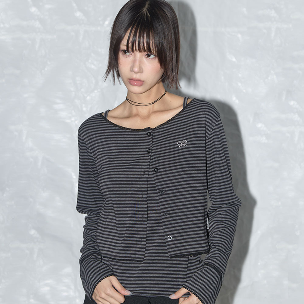Lace Stripe Basic Cardigan (Black Stripe)_F25QB091 - HAGO(하고)