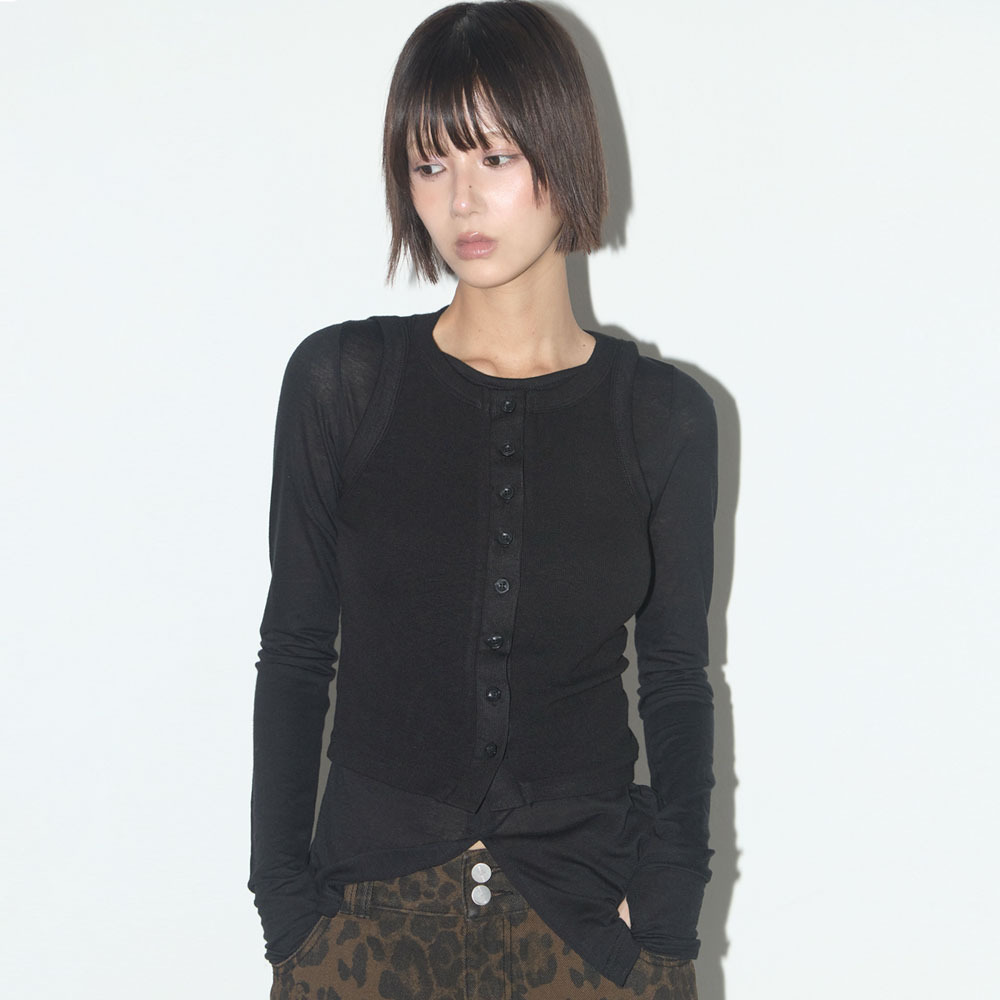 3-Way Button Layered Long Sleeve (Black)_F25QB079 - HAGO(하고)