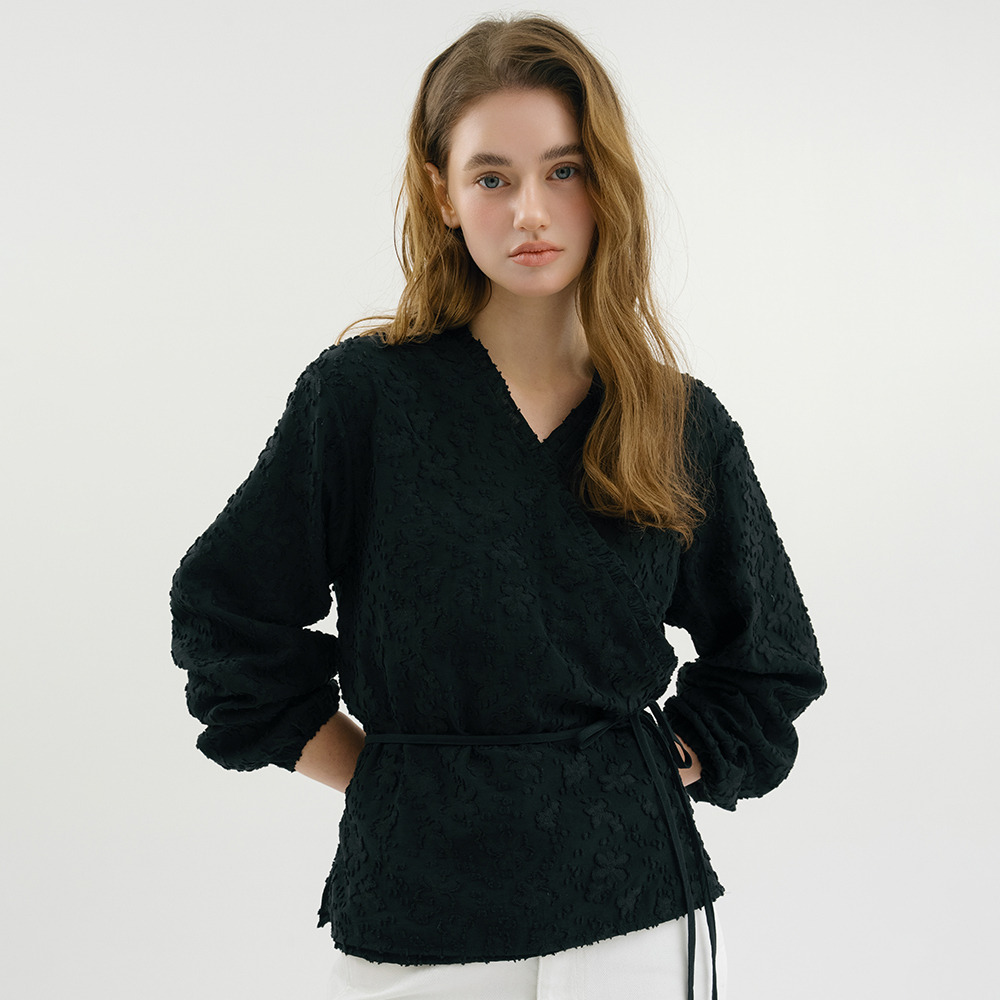 D Ruffle Broderie Wrap Blouse_Black - HAGO(하고)