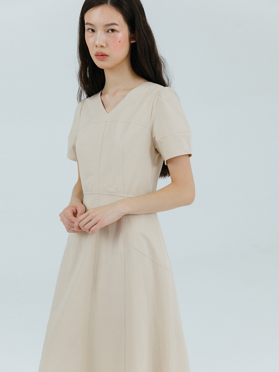 Curved V-Neck Dress, Beige - HAGO(하고)
