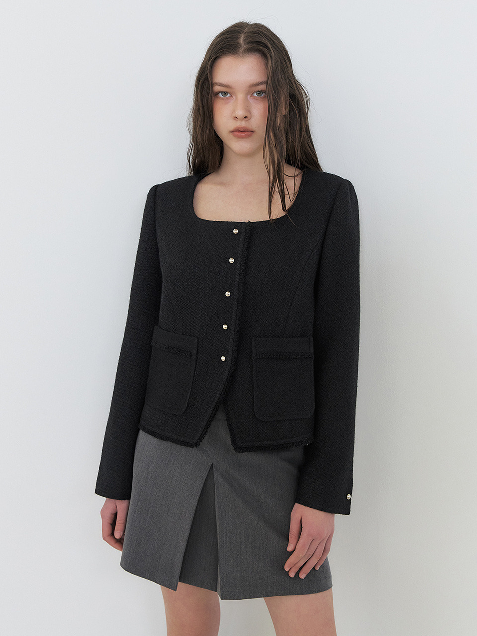 Button Square Tweed Jacket, Black - 하고(HAGO)