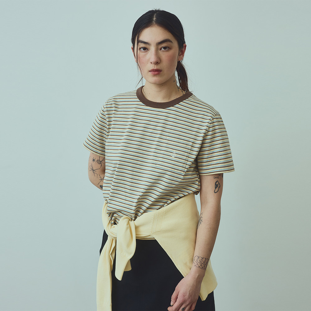 UBC stripe pocket cropped s/s tee(womens) beige - HAGO(하고)