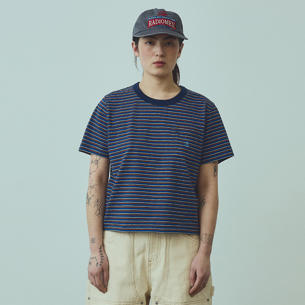 UBC stripe pocket cropped s/s tee(womens) navy - 하고(HAGO)
