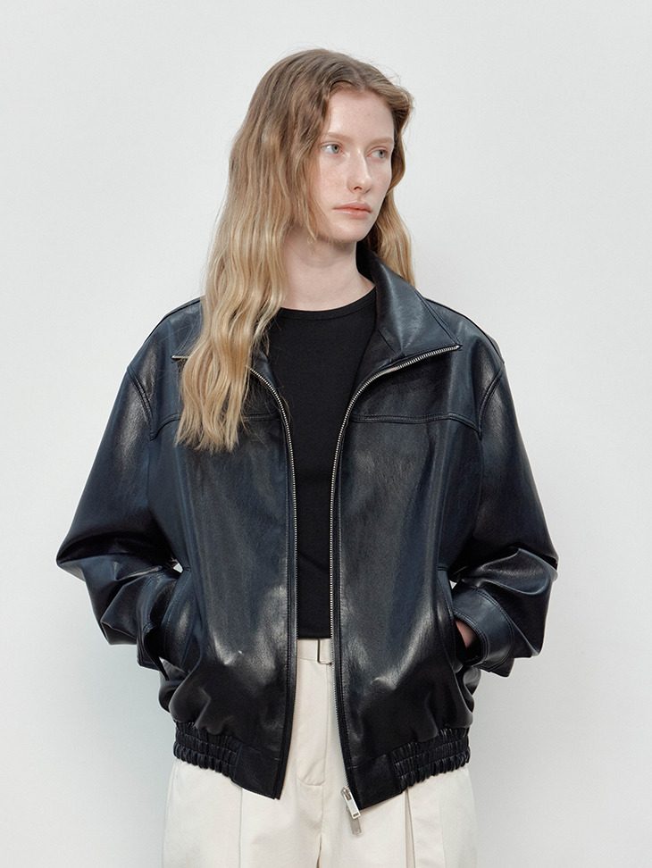 SEMI OVERSIZED LEATHER JACKET (BLACK) - 하고(HAGO)