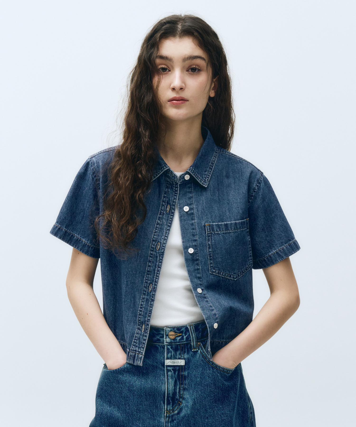 W DENIM HALF SLEEVE SHIRT blue - 하고(HAGO)