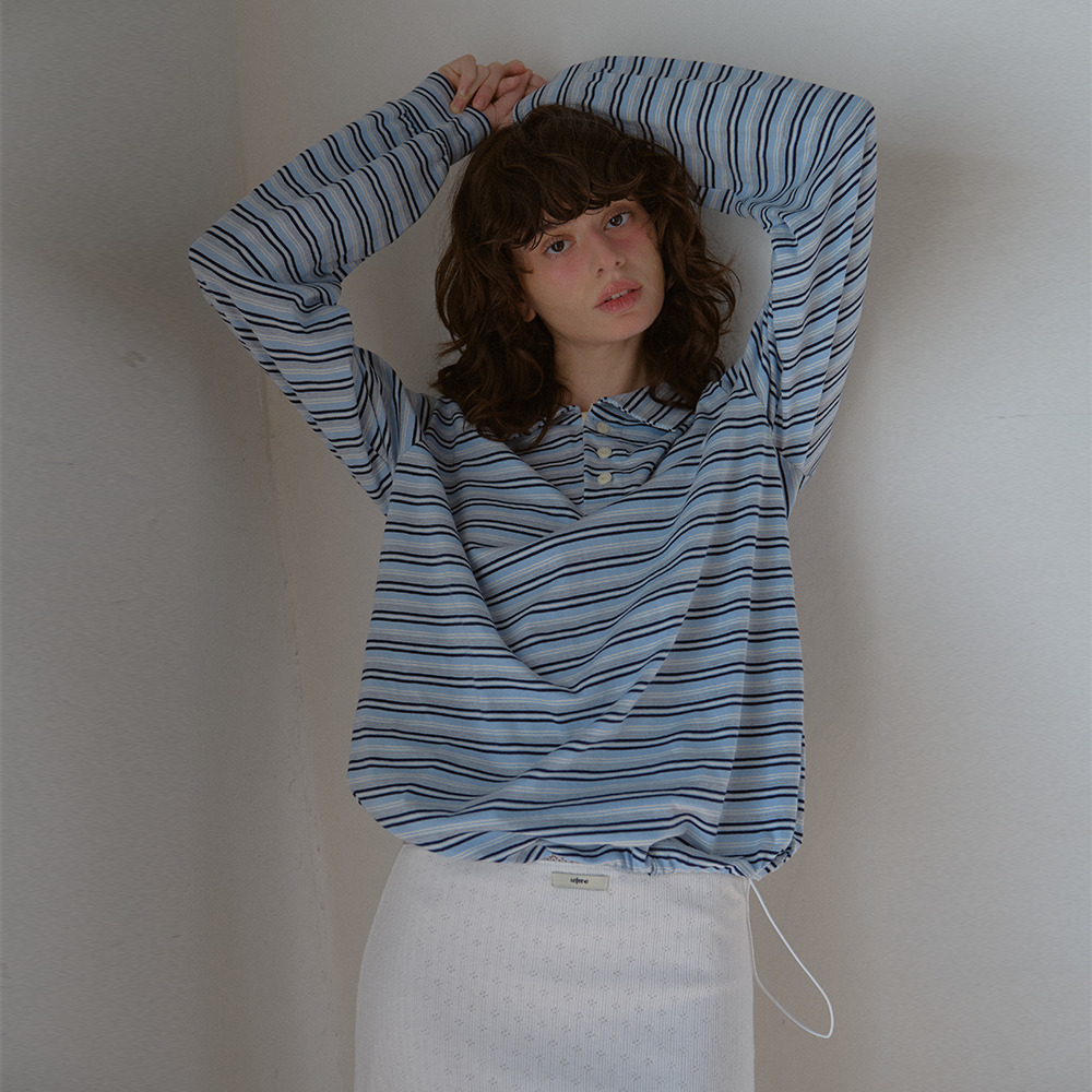 STRIPE STRING COLLAR T-SHIRT_BLUE - HAGO(하고)