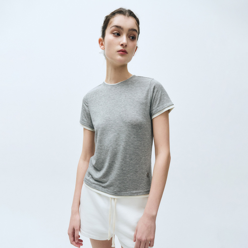 W LAYERED HALF SLEEVE TEE melange gray - HAGO(하고)