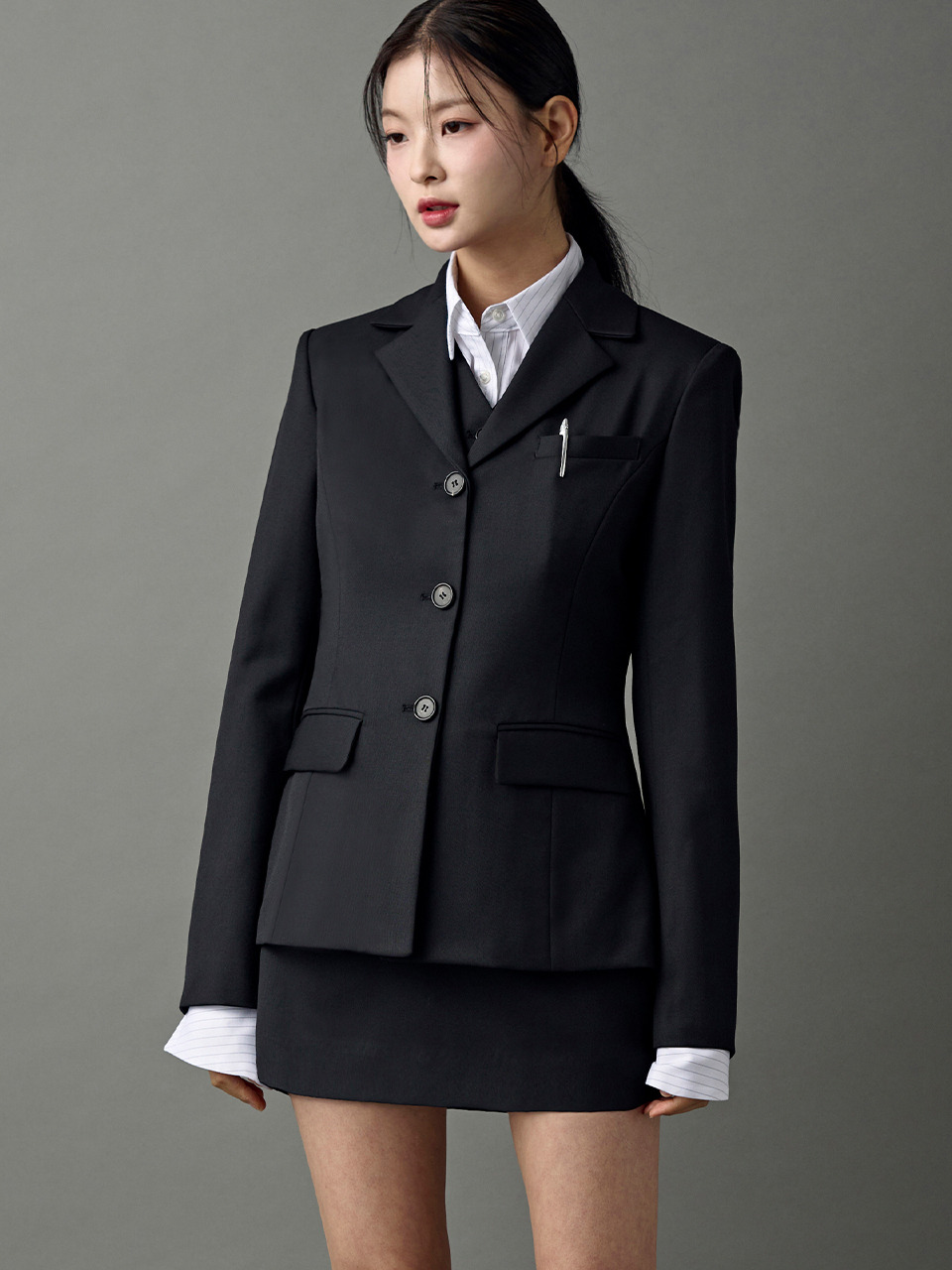 Wool Fitted 3-button jacket (Black) - 하고(HAGO)