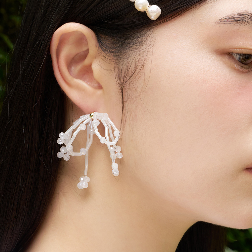 white ribbon beads blossom earrings - HAGO(하고)