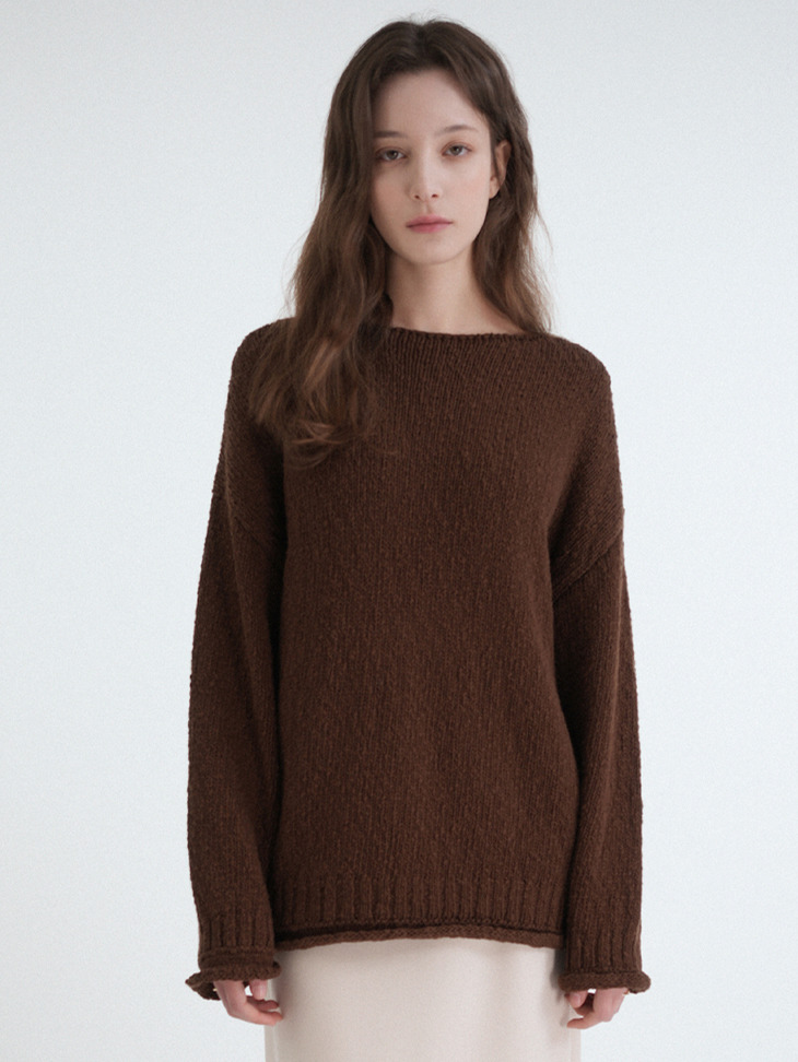 Loose Cotton Boatneck Knit (brown) - HAGO(하고)